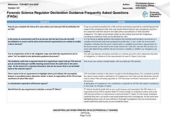 Forensic Science Regulator Declaration Guidance Frequently Asked Questions v2.0 | FCN